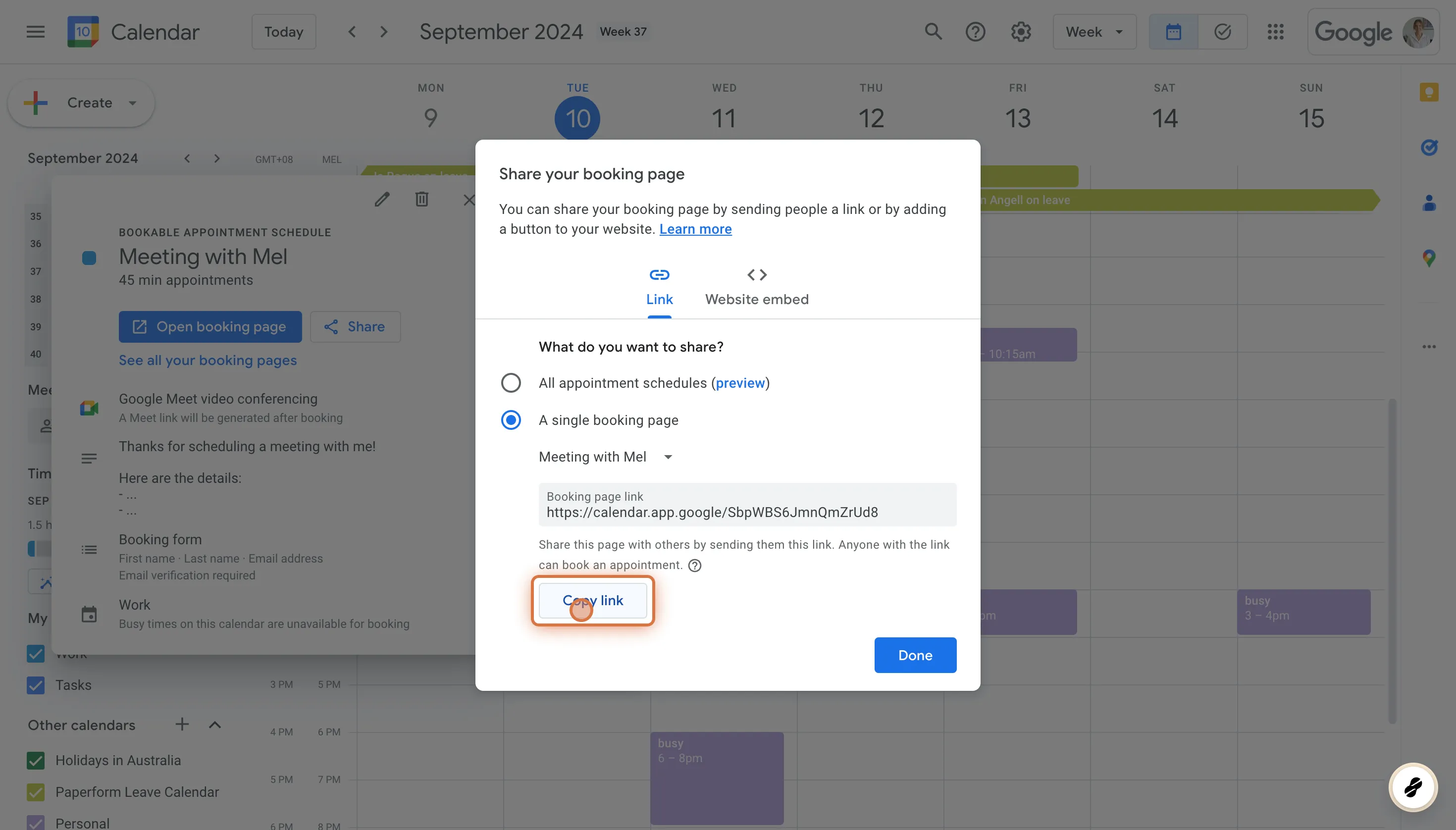 How to share a Google Calendar's Booking Page