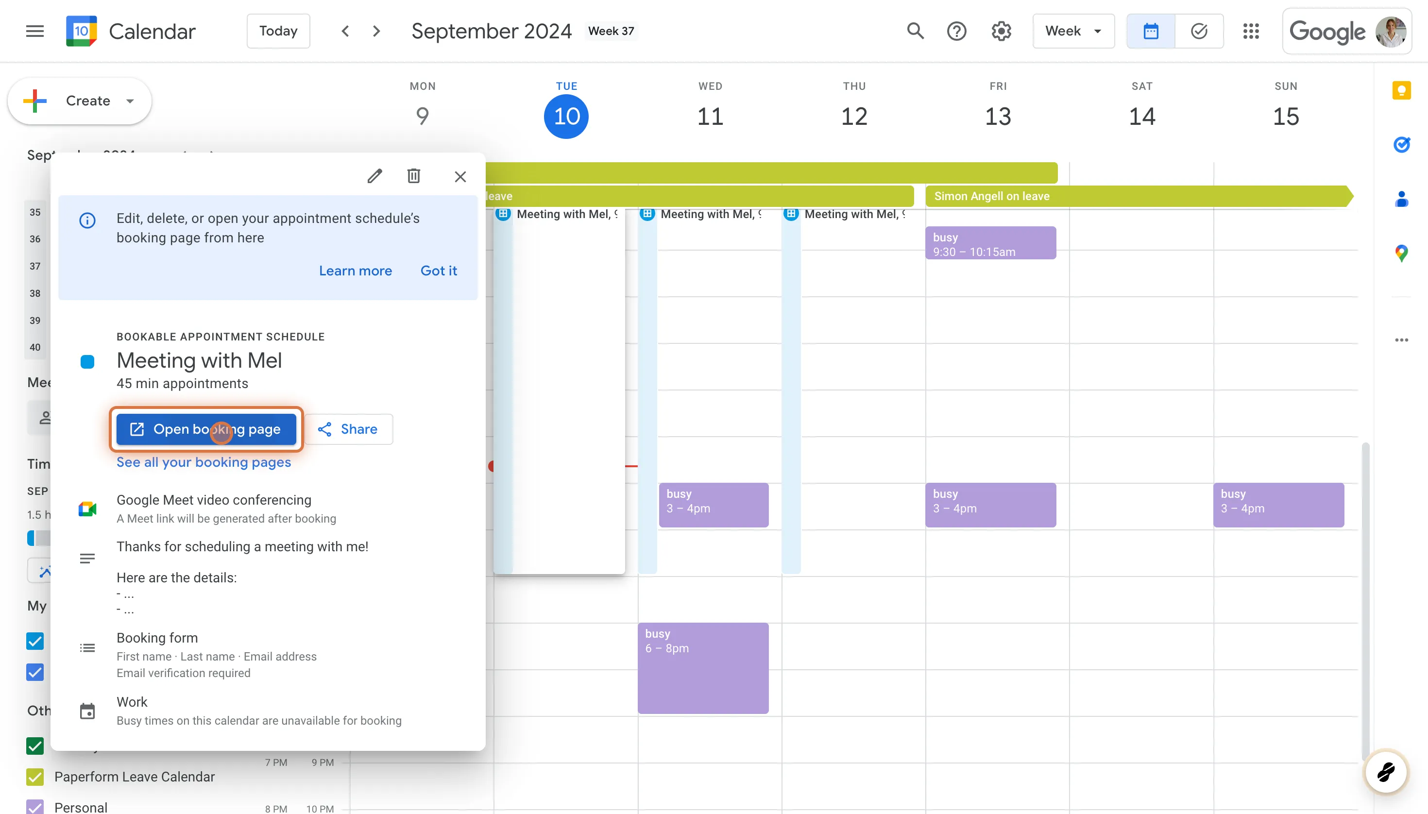 How to share a Google Calendar's Booking Page