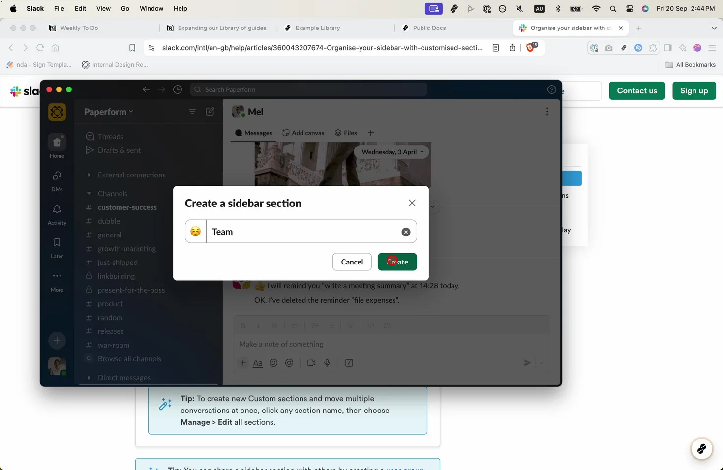How to create customised sidebar sections in Slack