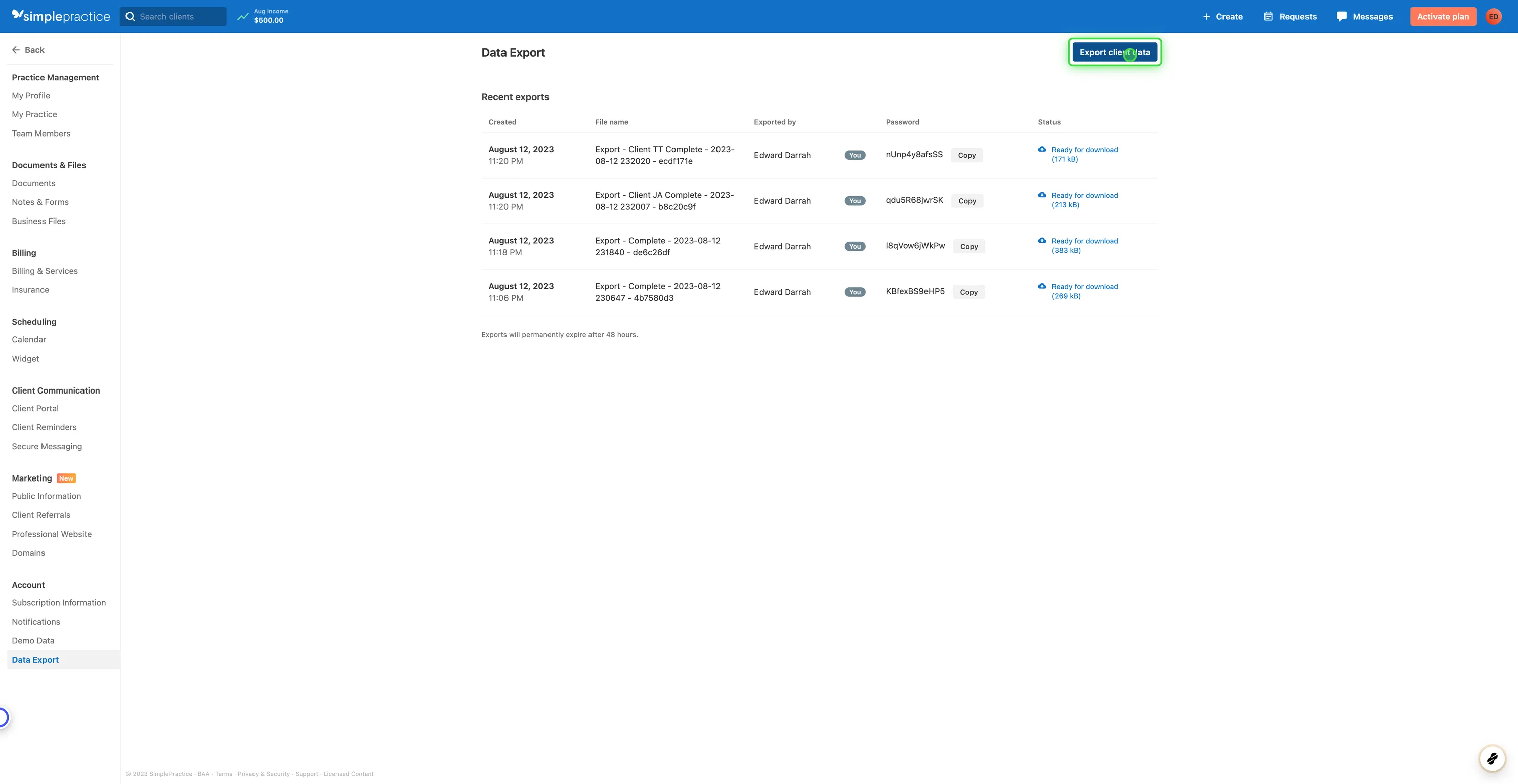 SimplePractice Client Chart Export