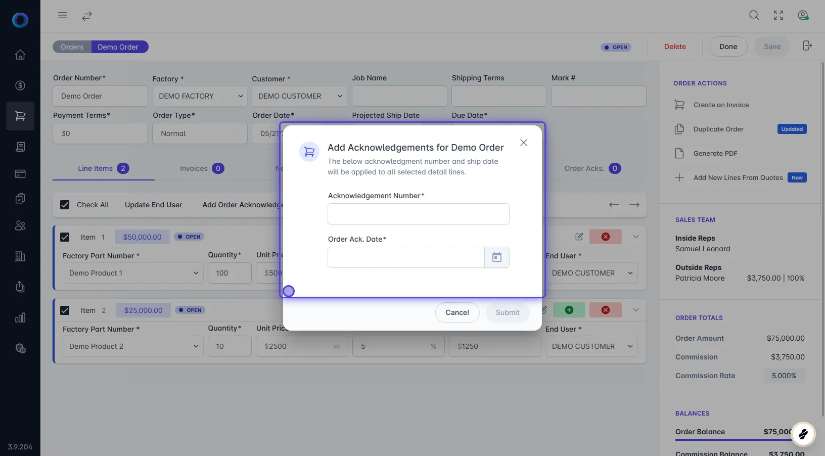 Adding an Order Acknowledgment Manually