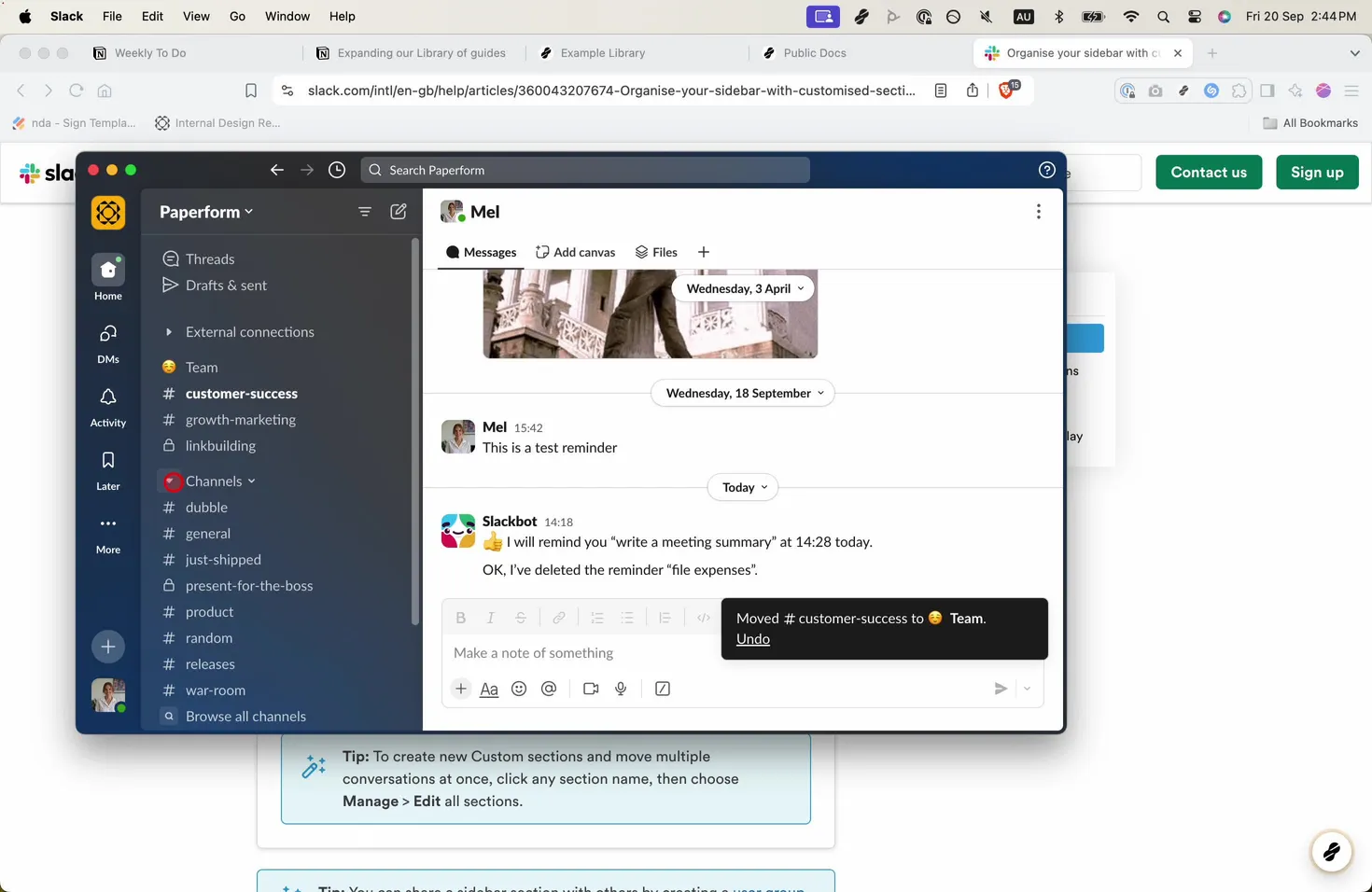 How to create customised sidebar sections in Slack