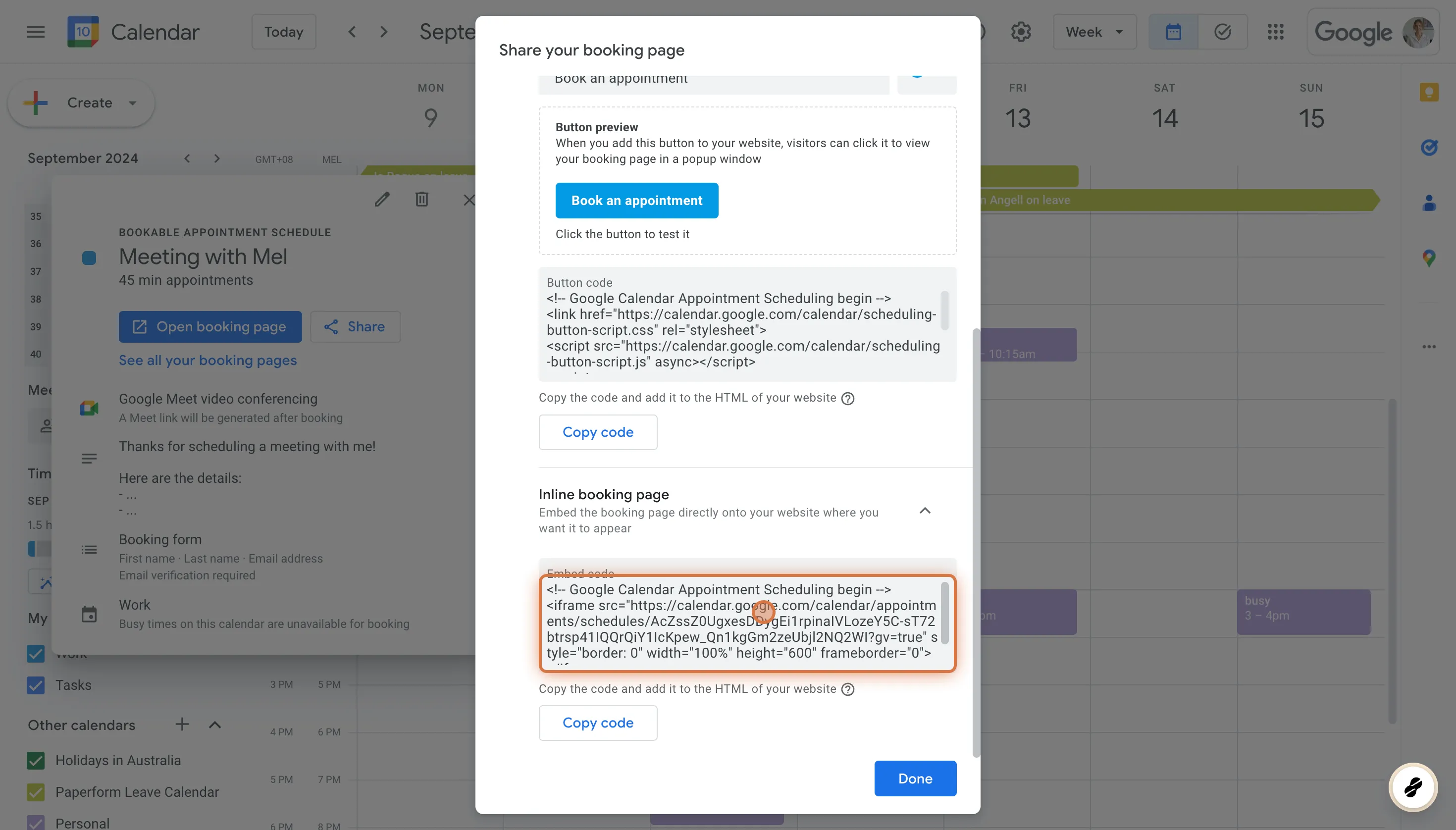 How to share a Google Calendar's Booking Page