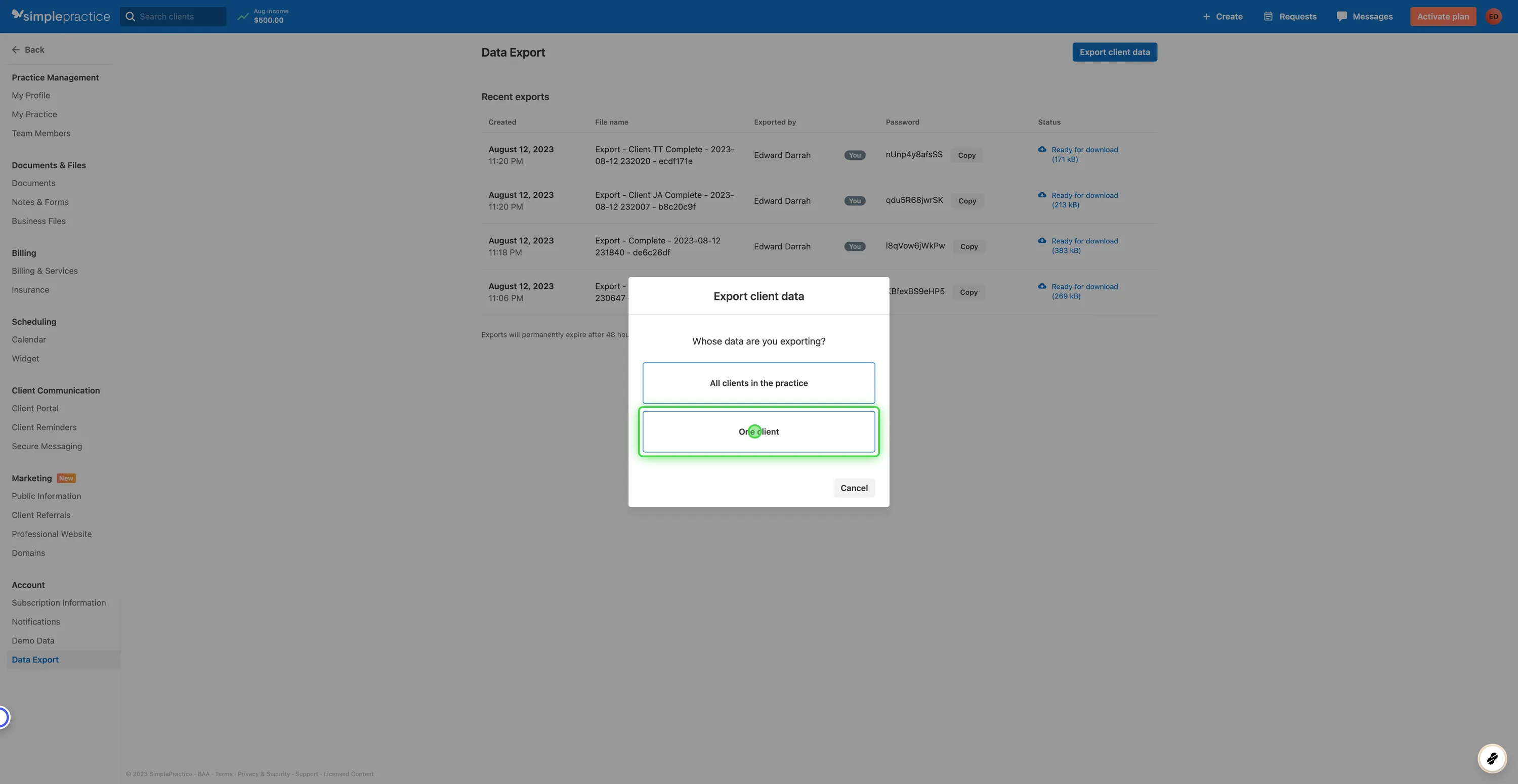 SimplePractice Client Chart Export