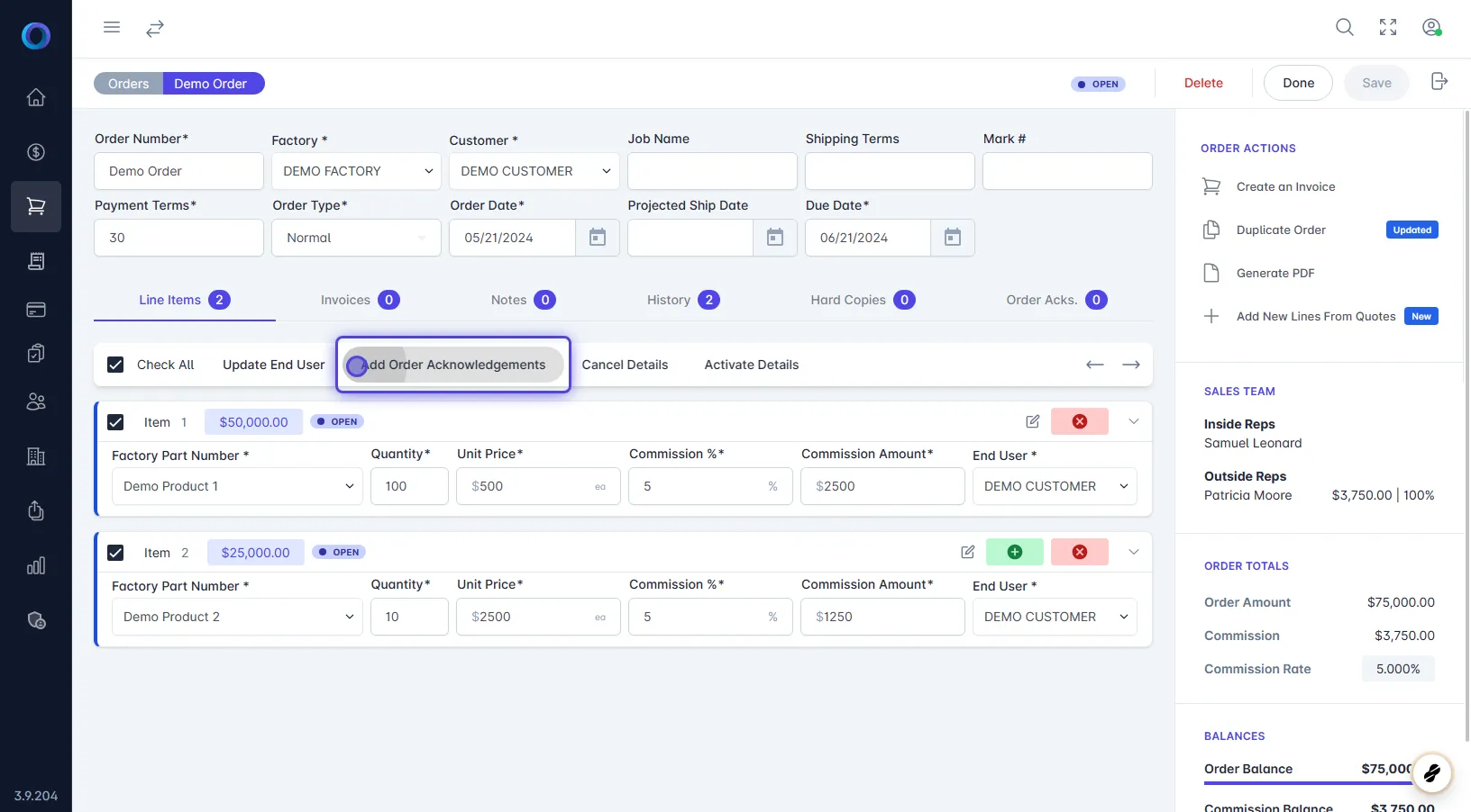 Adding an Order Acknowledgment Manually
