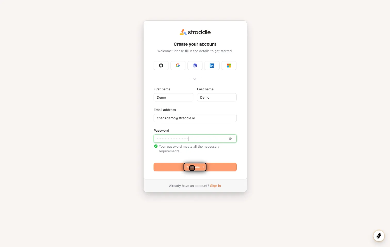 Sign up for a Sandbox account with Straddle